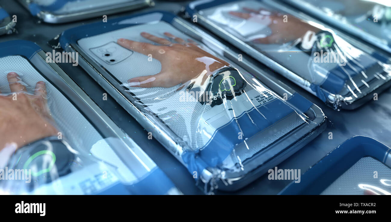 human hands, bionic organs plastic vacuum wrap. concept of replacing ...