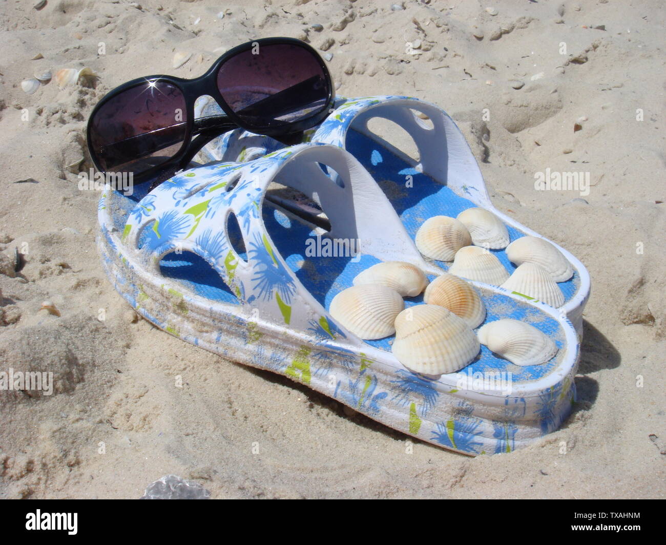 Beach accessories, sun glasses and sea shells on the sand beach. Summer ...