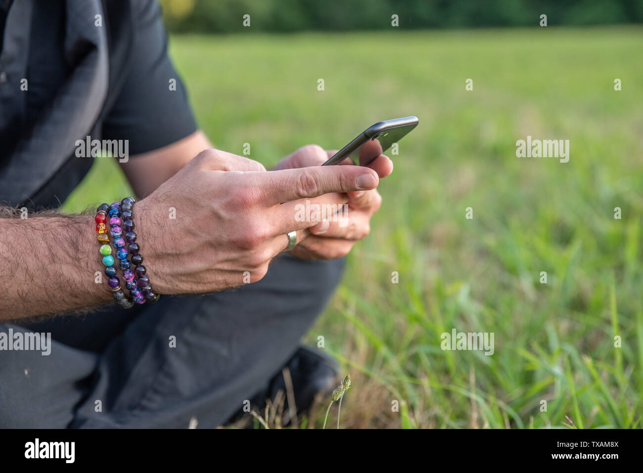 Married caucasian white male man texting on mobile cell phone. Sitting ...