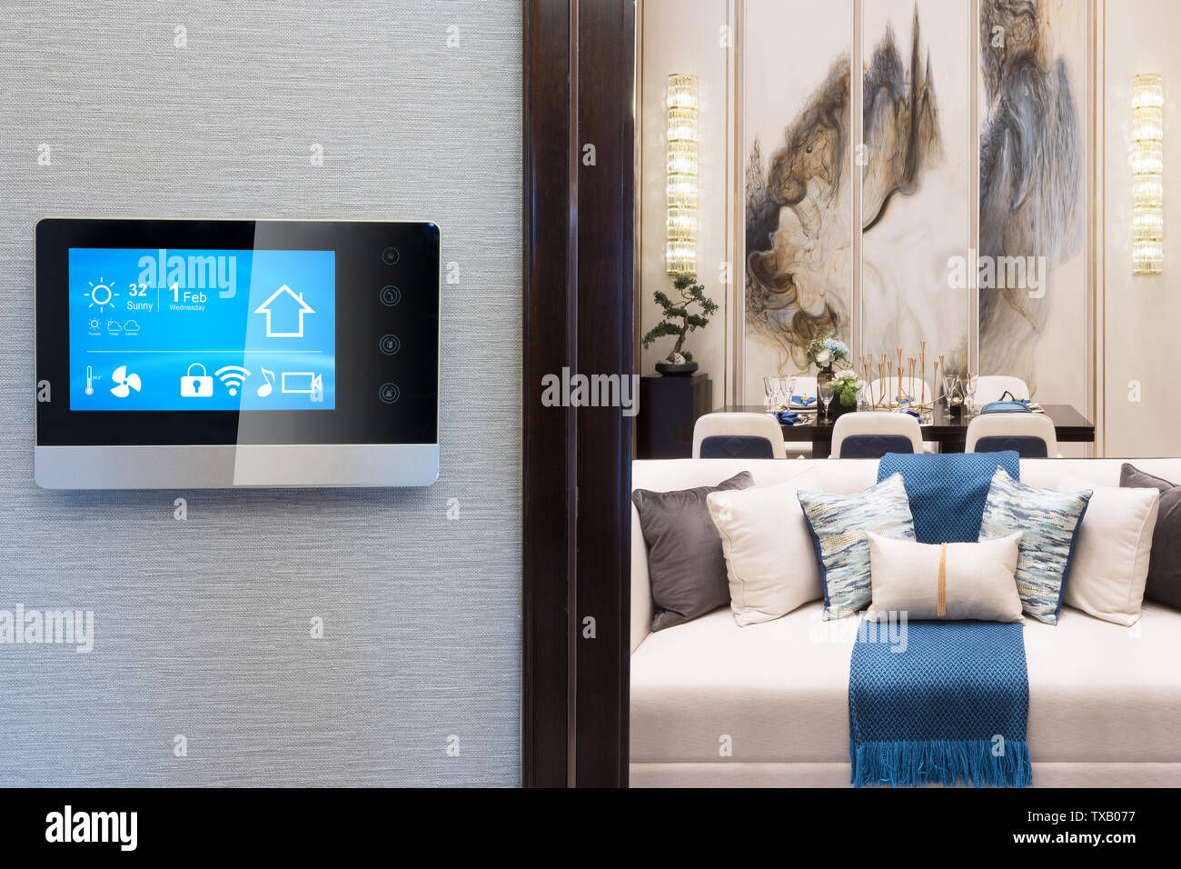 smart screen with smart home with modern living room Stock Photo - Alamy