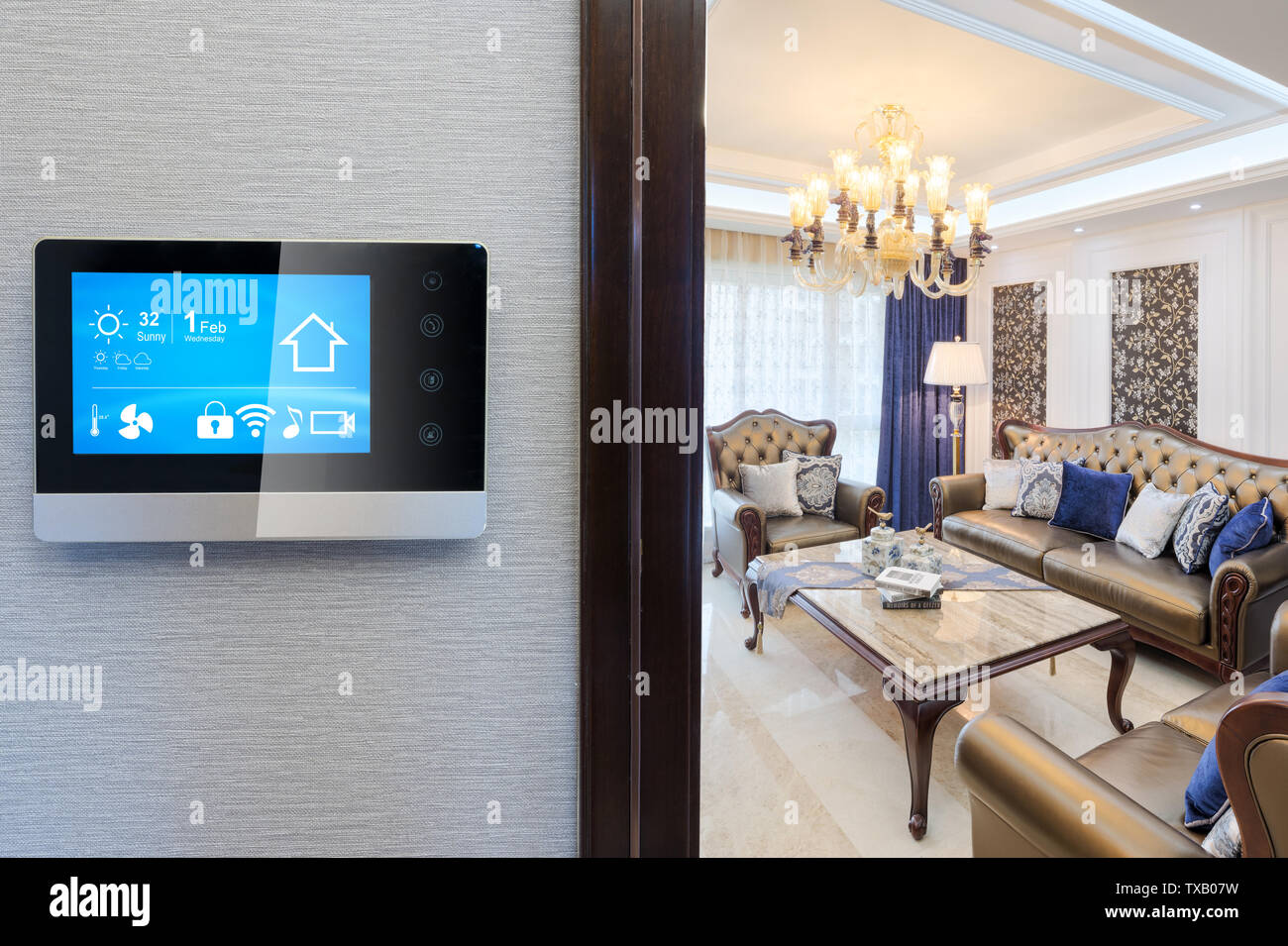 smart screen with smart home with modern living room Stock Photo - Alamy