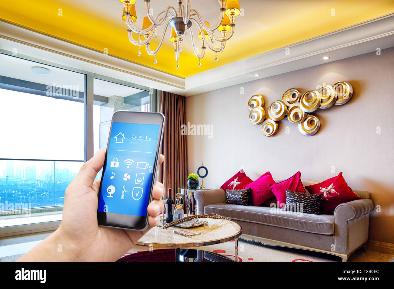 smart phone with smart home with modern living room Stock Photo - Alamy