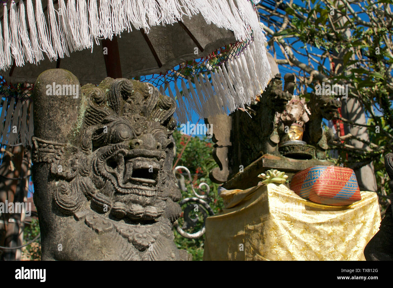 Close up picture of a typical Balinese stone guardian statue in front ...
