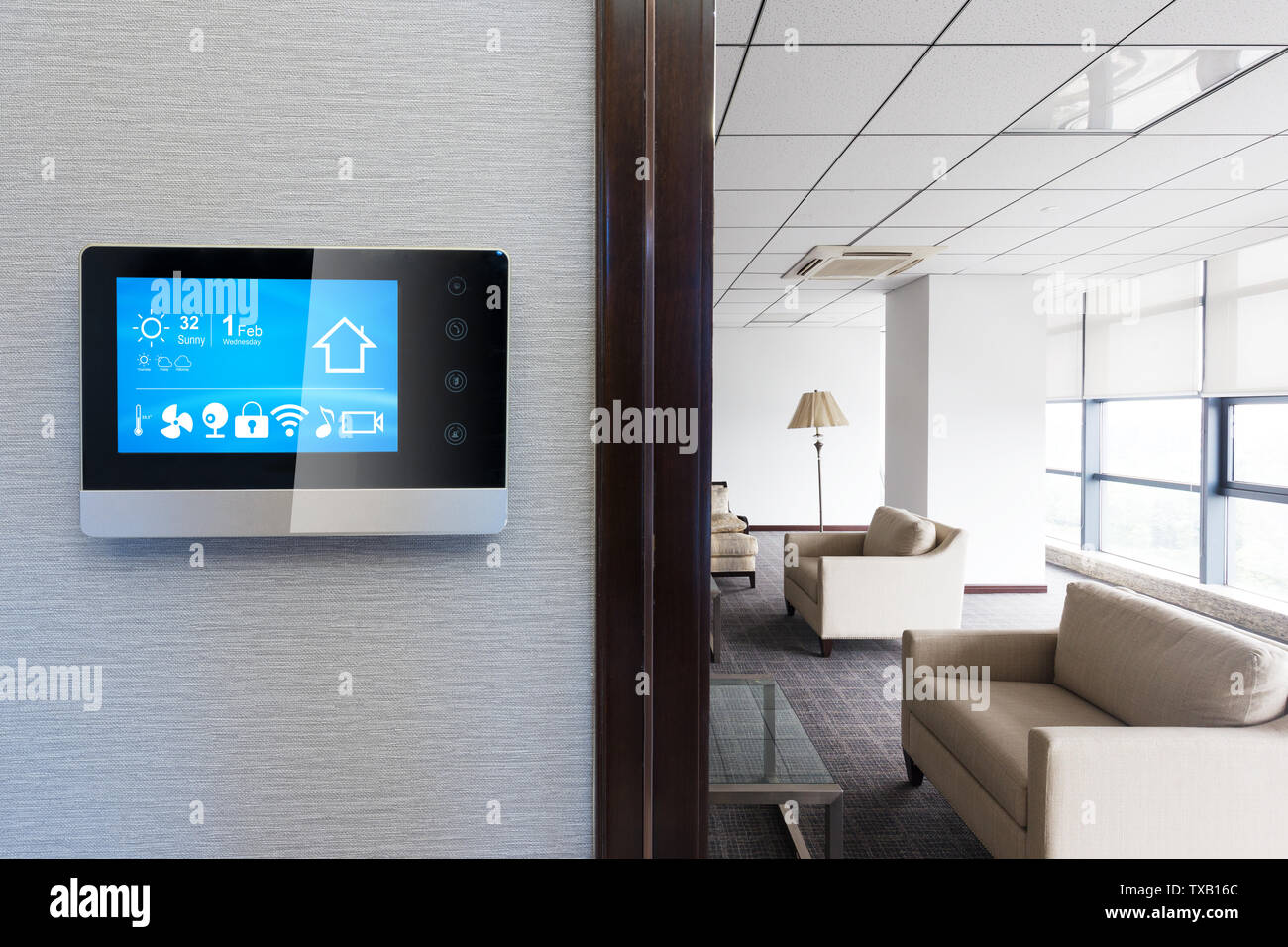 smart screen with smart home with modern living room Stock Photo - Alamy
