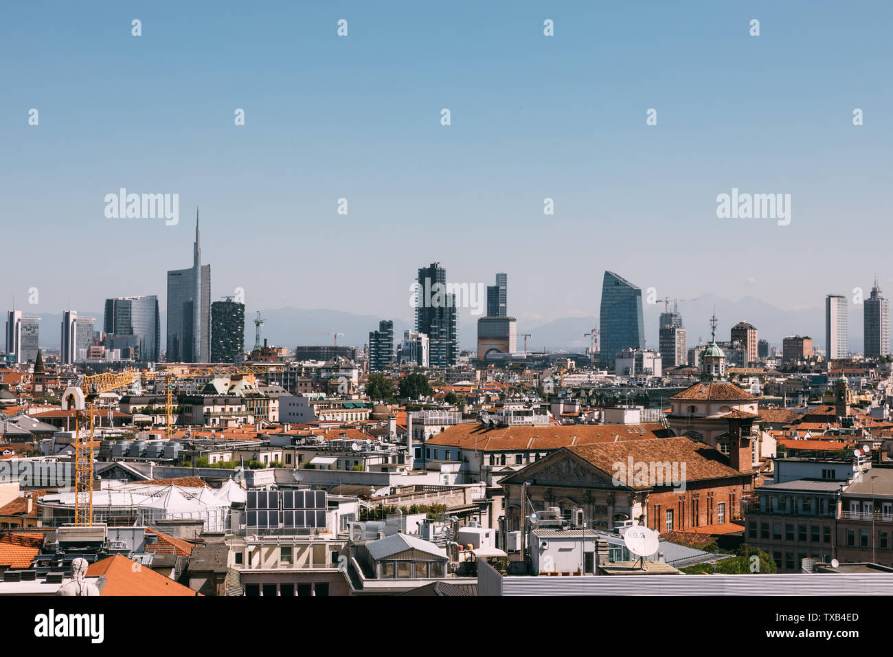 Milan, Italy - June 27, 2018: Panoramic view of Milan city with modern ...