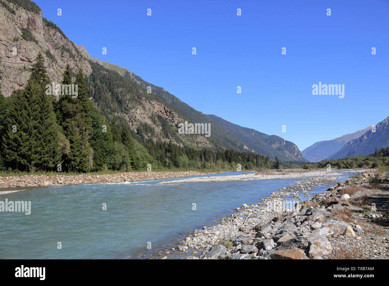 Panorama view of river scene in mountains of national park Dombay ...