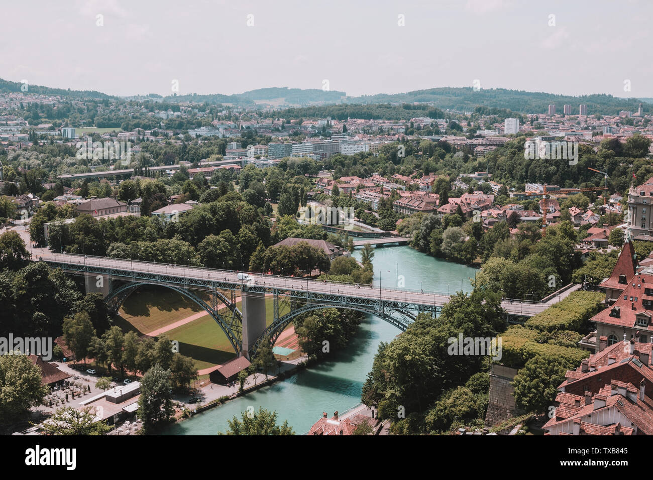 Aerial panorama of historic Bern city center from Bern Minster ...