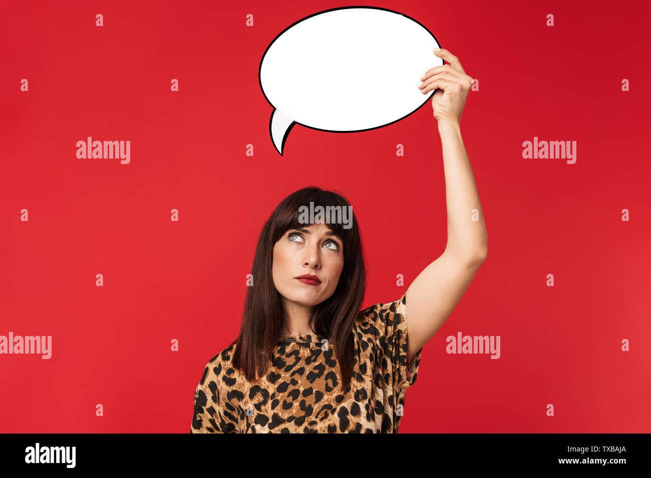 Photo of brooding brunette woman 30s dressed in stylish outfit looking ...
