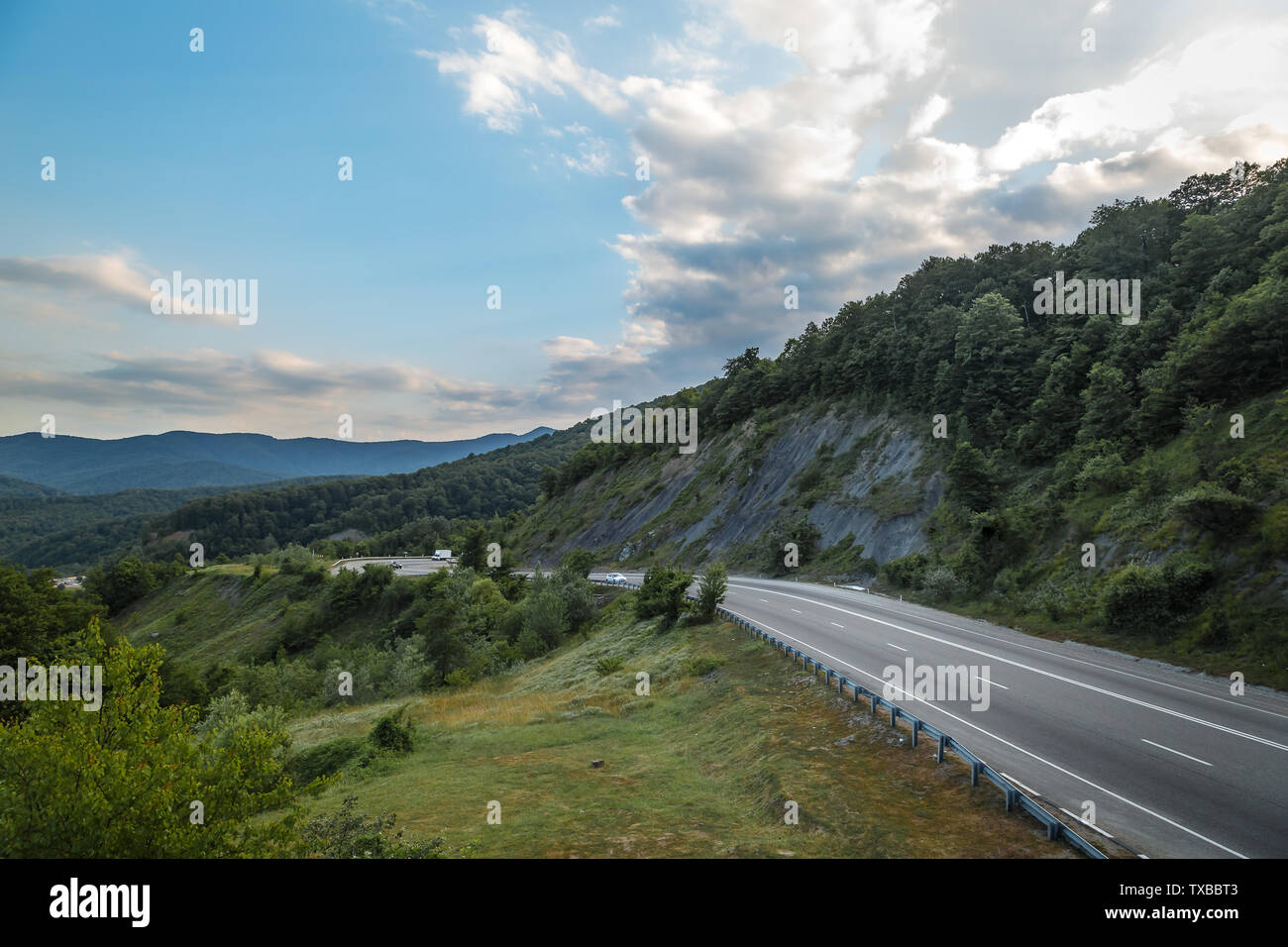 Beautiful adventurous background with trees and montains on the side ...