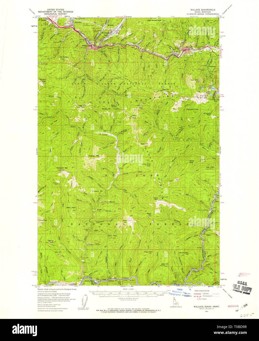 USGS TOPO Map Idaho ID Wallace 239322 1957 62500 Restoration Stock ...