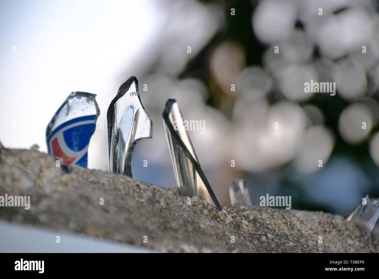 Jagged Shards Of Smashed Glass From Bottles Cemented On Top Of A Wall To Provide Security From