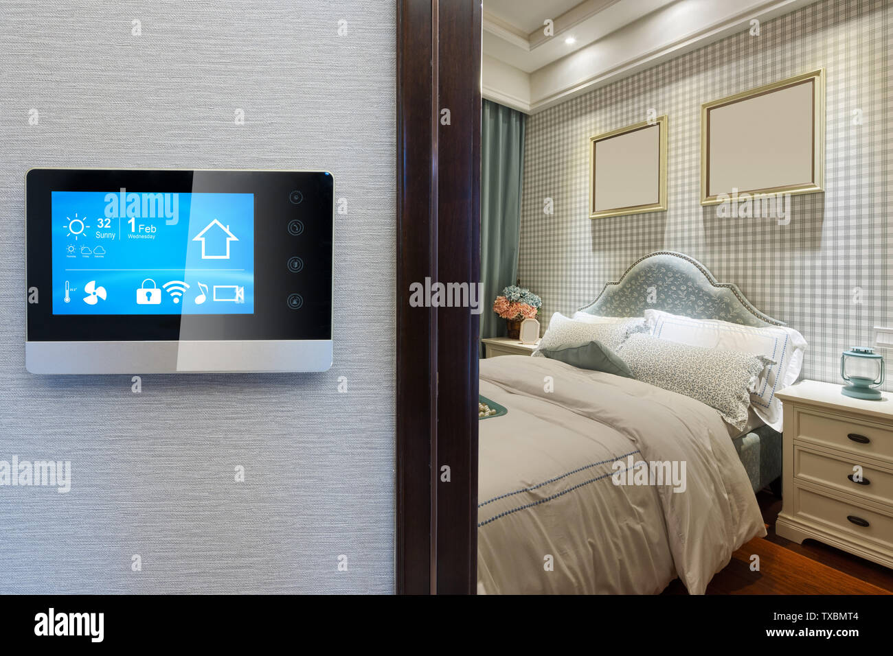 smart screen with smart home with modern bedroom Stock Photo - Alamy