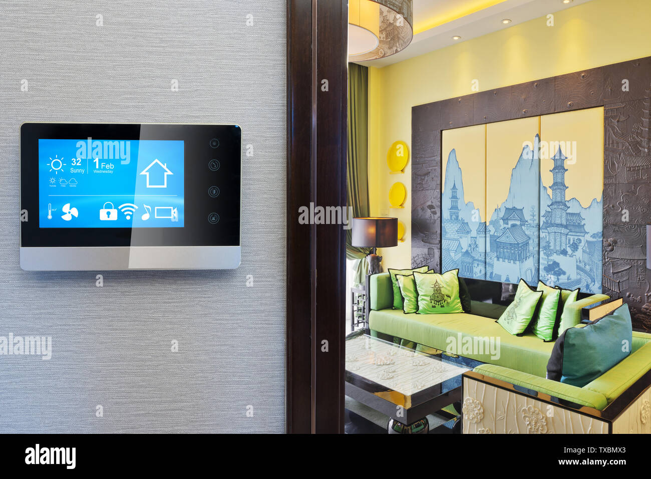 smart screen with smart home with modern living room Stock Photo - Alamy