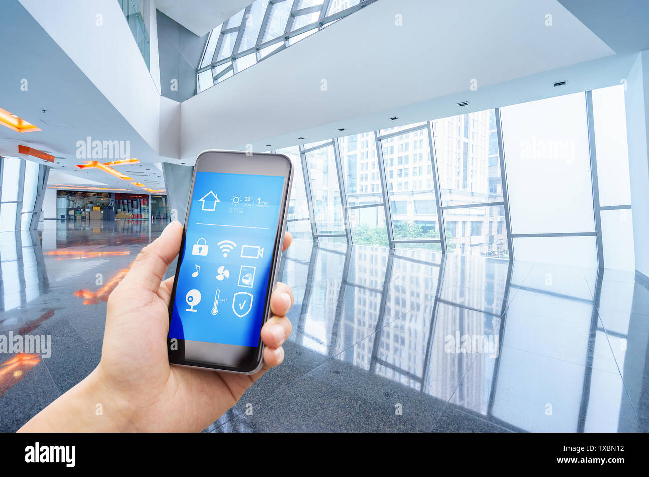 smart phone with smart home with modern corridor Stock Photo - Alamy