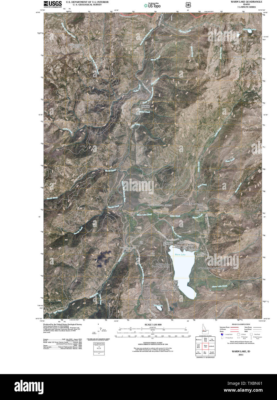 USGS TOPO Map Idaho ID Warm Lake 20110125 TM Restoration Stock Photo ...