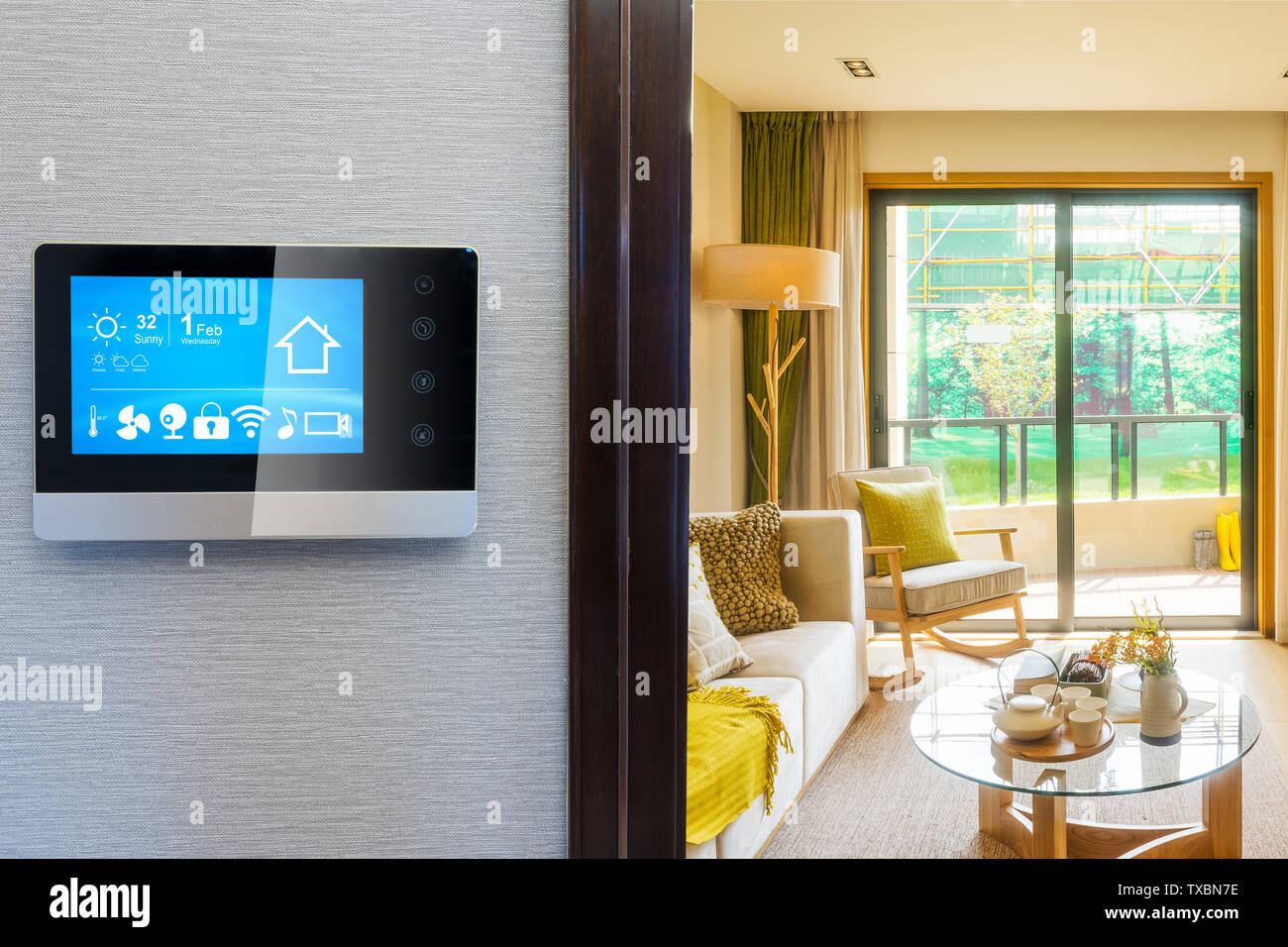 smart screen with smart home with modern living room Stock Photo - Alamy