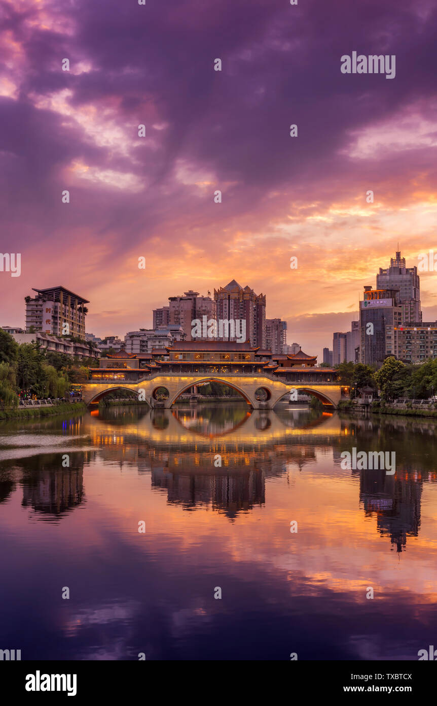 Chengdu Nine Eye Bridge sunset covered bridge vertical picture Stock ...