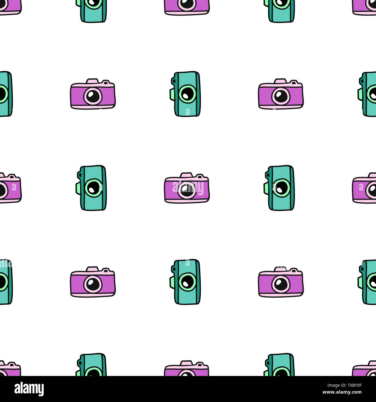 Hand Draw Camera Seamless Pattern. Vector colorful Endless White ...