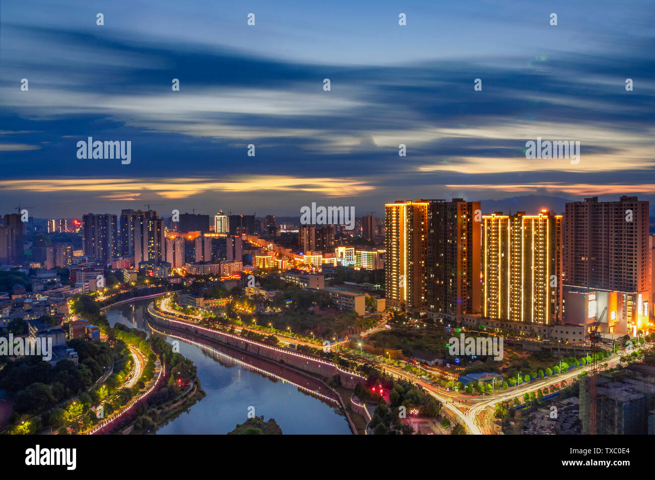 Shaoyang city bustling night view Stock Photo - Alamy
