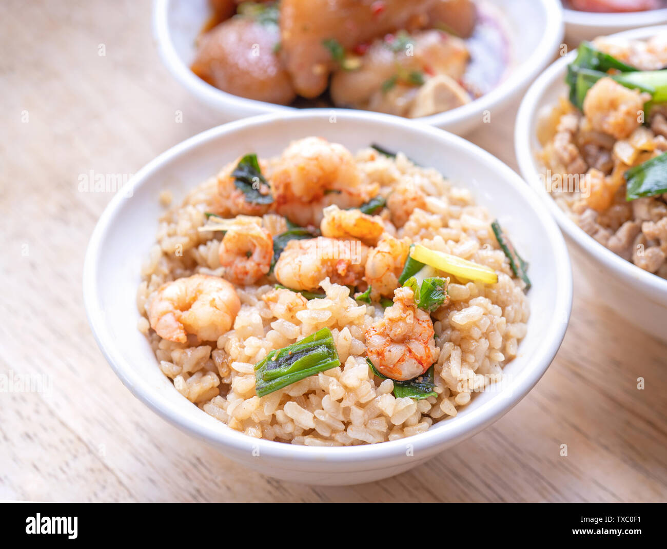 Braised shrimp over rice - Taiwan famous traditional street food. Soy ...
