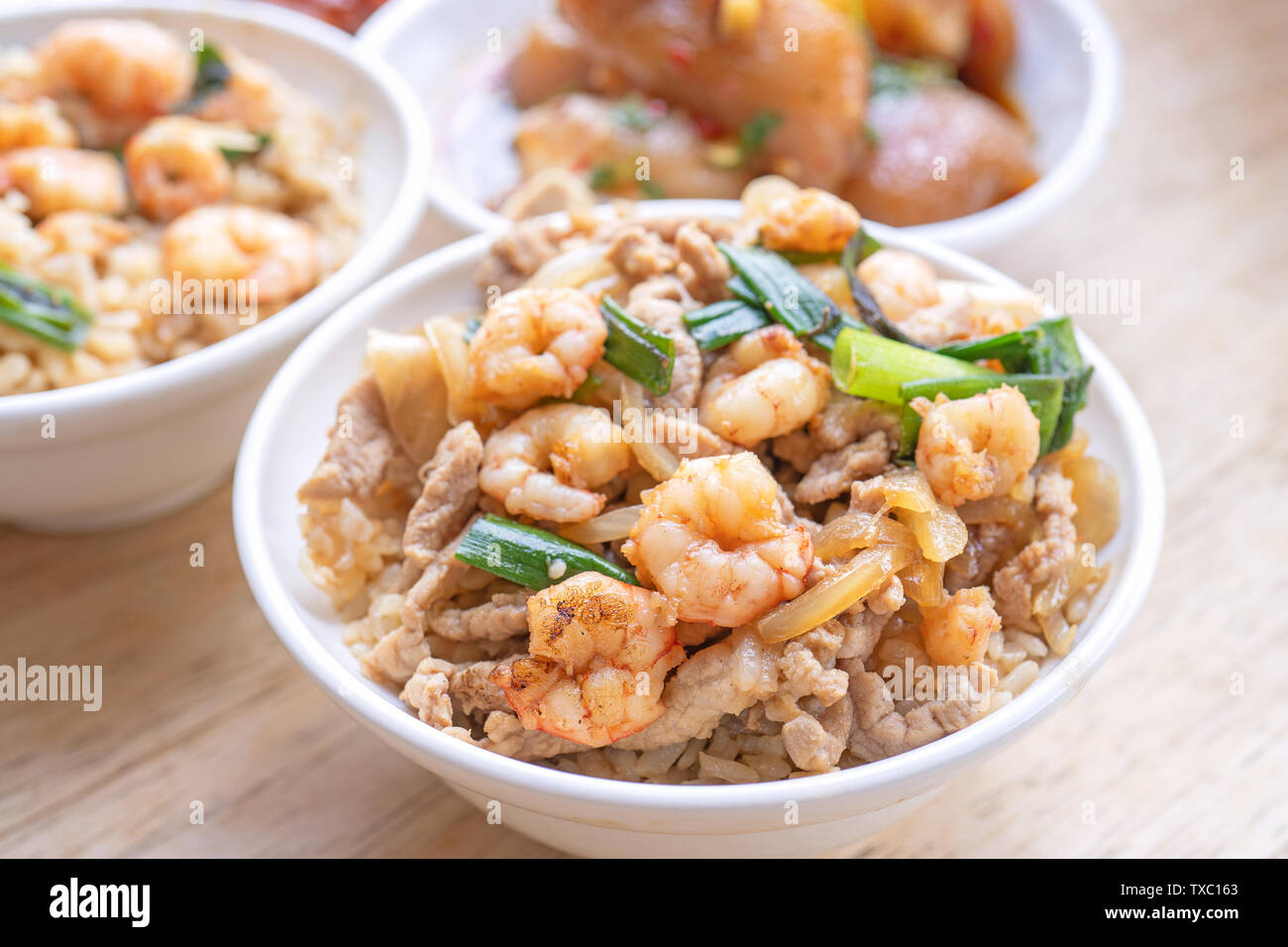 Braised shrimp over rice - Taiwan famous traditional street food. Soy ...