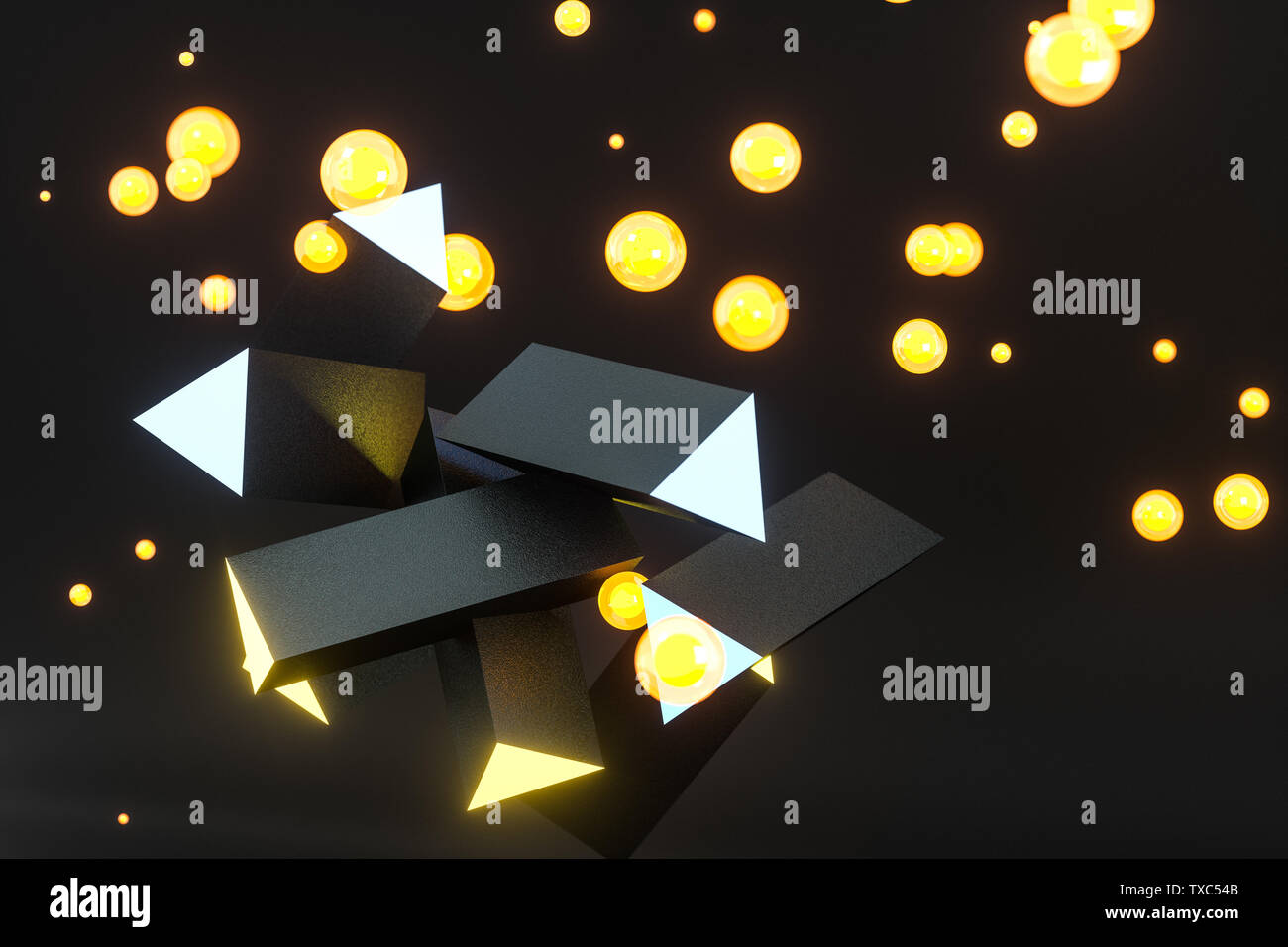 Three-dimensional rendering, glowing triangular columns against dark ...