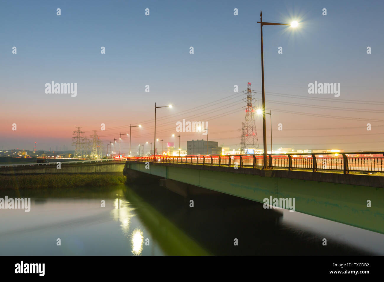 light trails on bridge twilight time Stock Photo - Alamy
