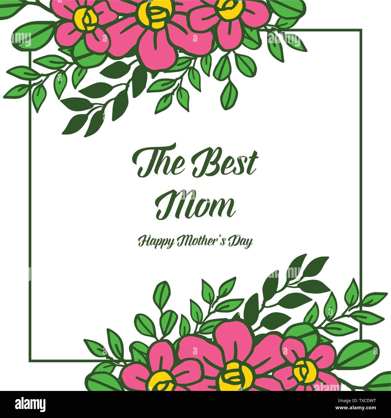Vector illustration writing best mom with texture of green leafy flower ...