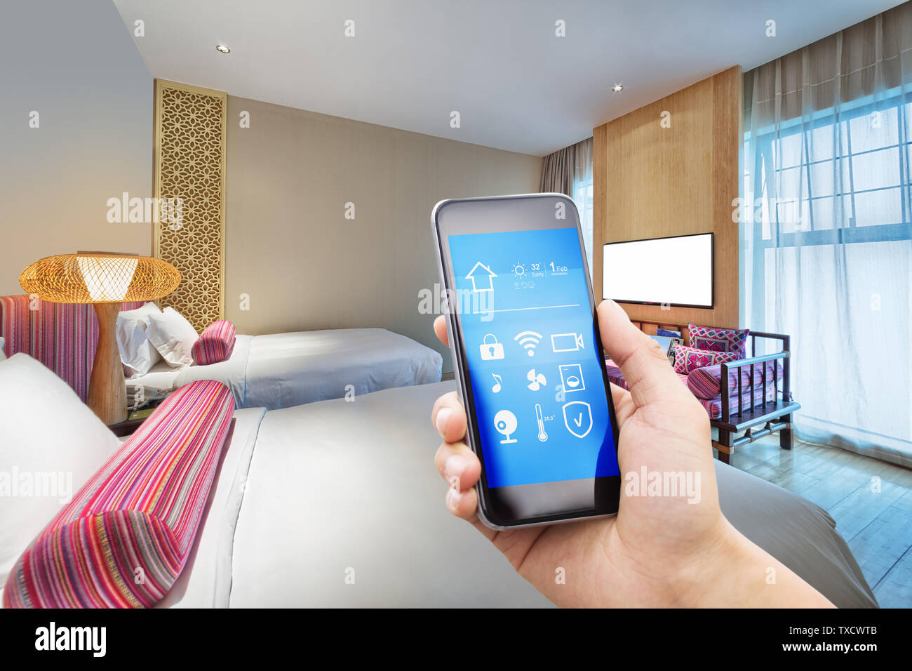 smart phone with smart home with modern bedroom Stock Photo - Alamy