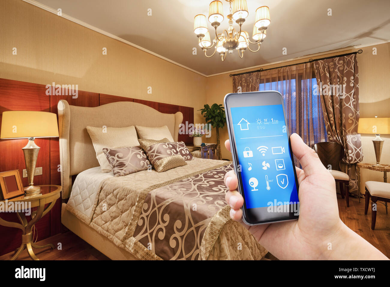 smart phone with smart phone with modern bedroom Stock Photo - Alamy