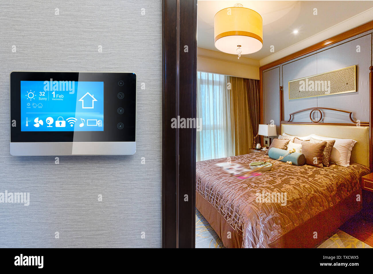 smart screen with smart home with modern bedroom Stock Photo - Alamy