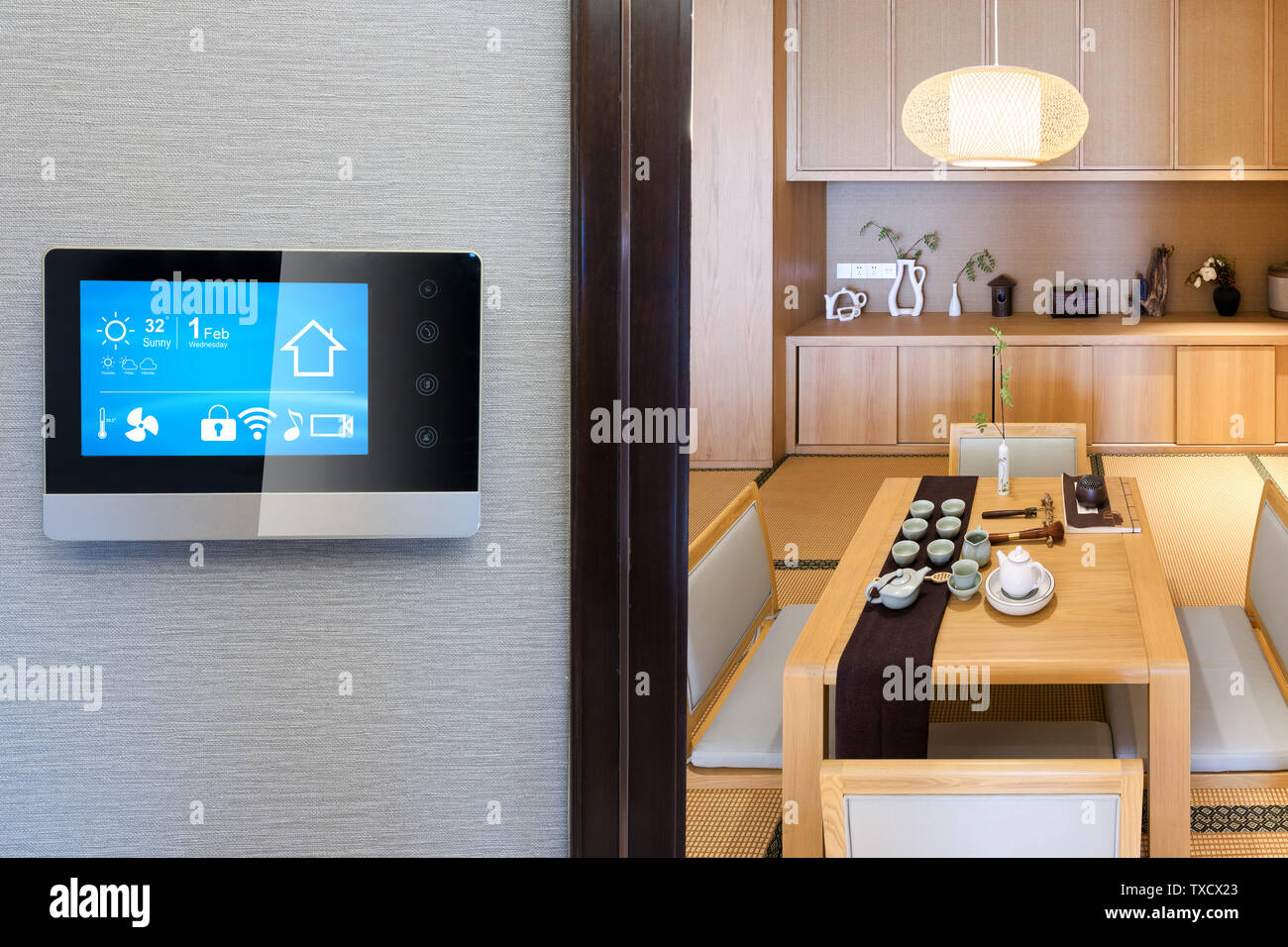 smart screen with smart home with modern living room Stock Photo - Alamy