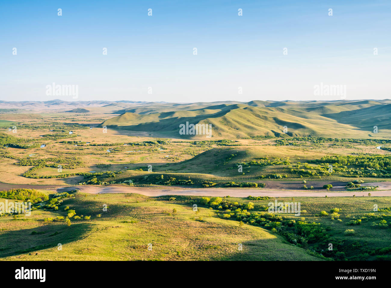 Scenery of the Haraha River prairie at the Alshan Sino-Mongolian border ...