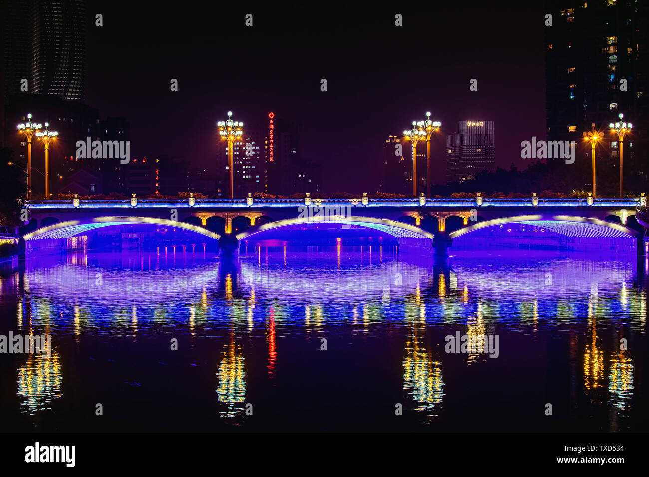 Night View of Nine Eye Bridge in Chengdu Stock Photo - Alamy