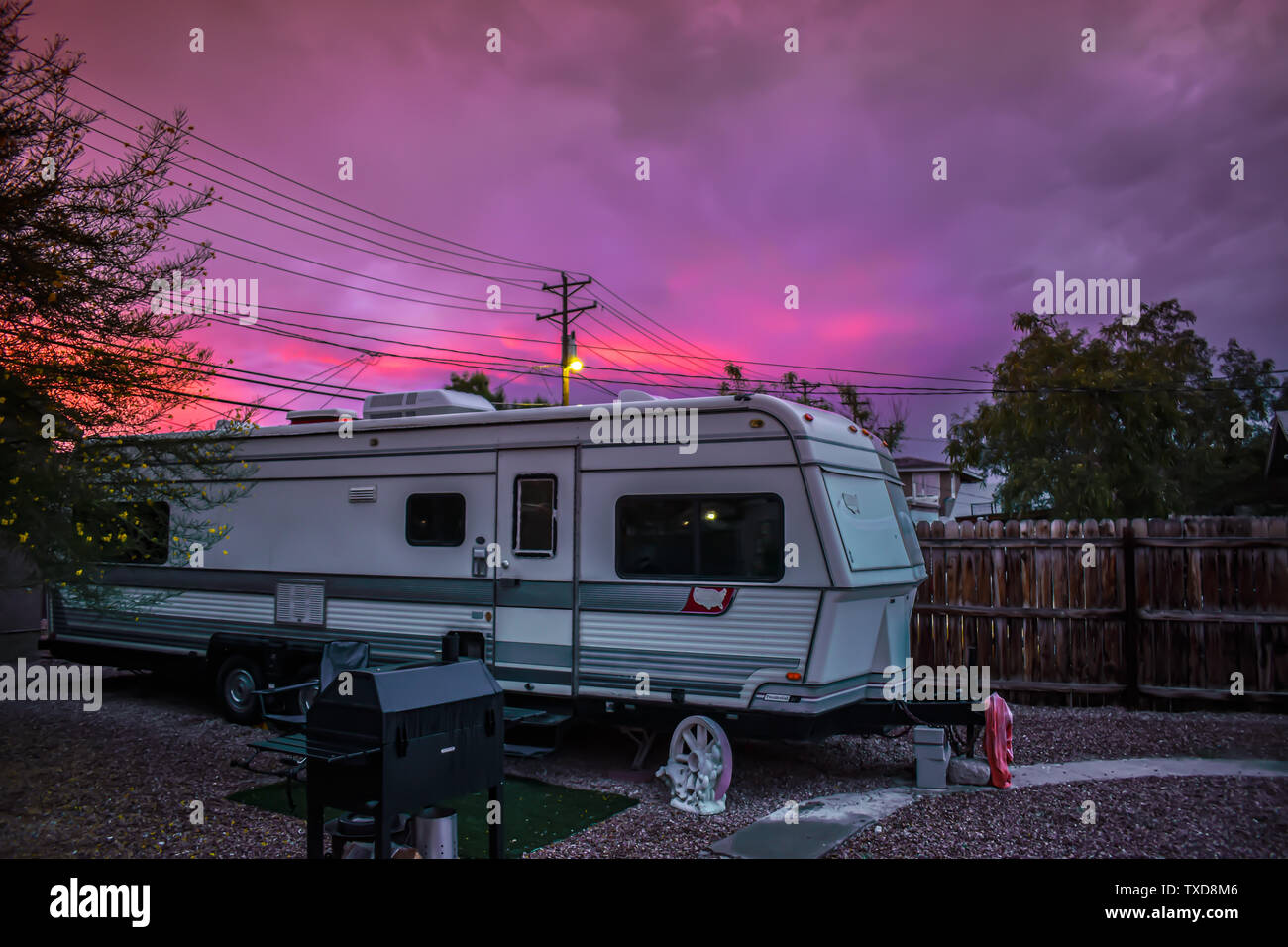Sunset over trailer Stock Photo - Alamy