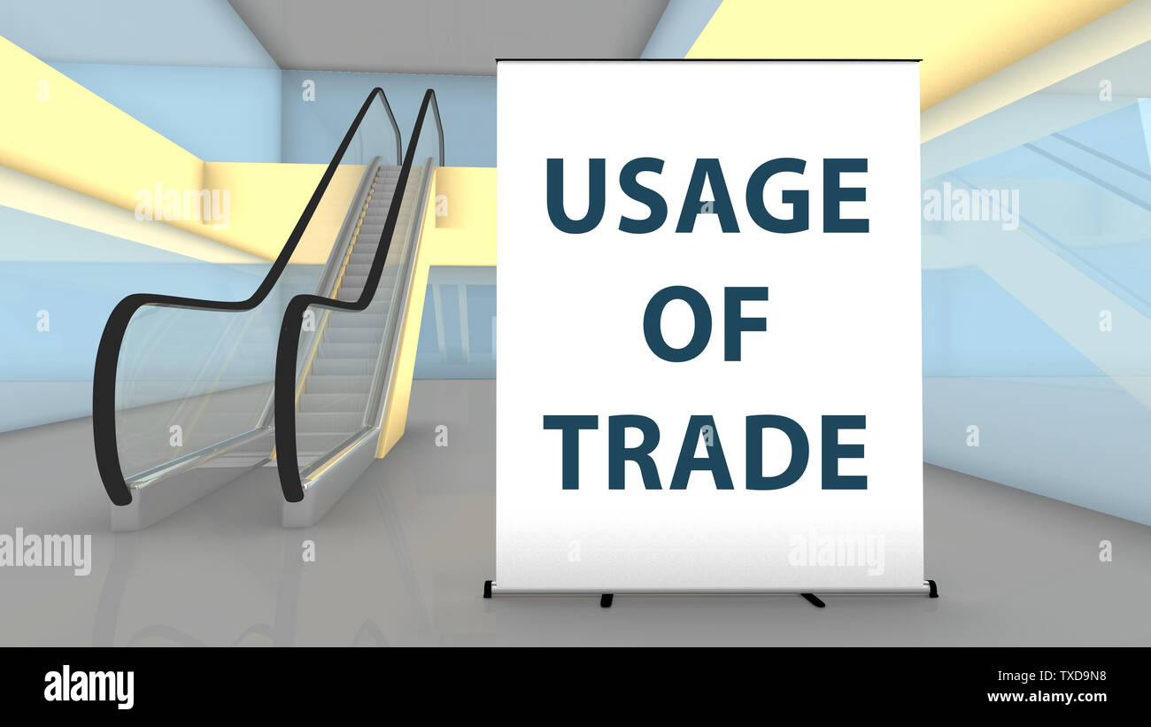 3D illustration of USAGE OF TRADE title on a rollup screen in the hall ...