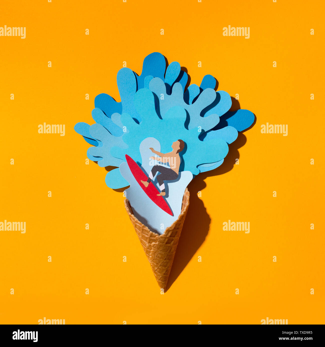 Summer time concept. Waves for serfers inside ice cream cone on yellow ...