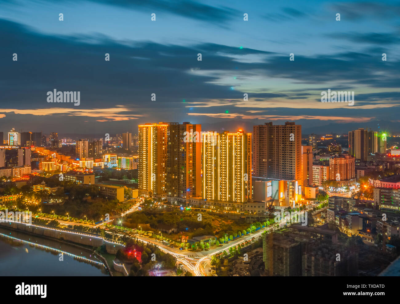 Shaoyang city bustling night view Stock Photo - Alamy