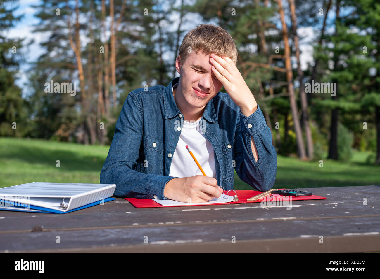Confused teenager doing his homework alone in a park Stock Photo - Alamy