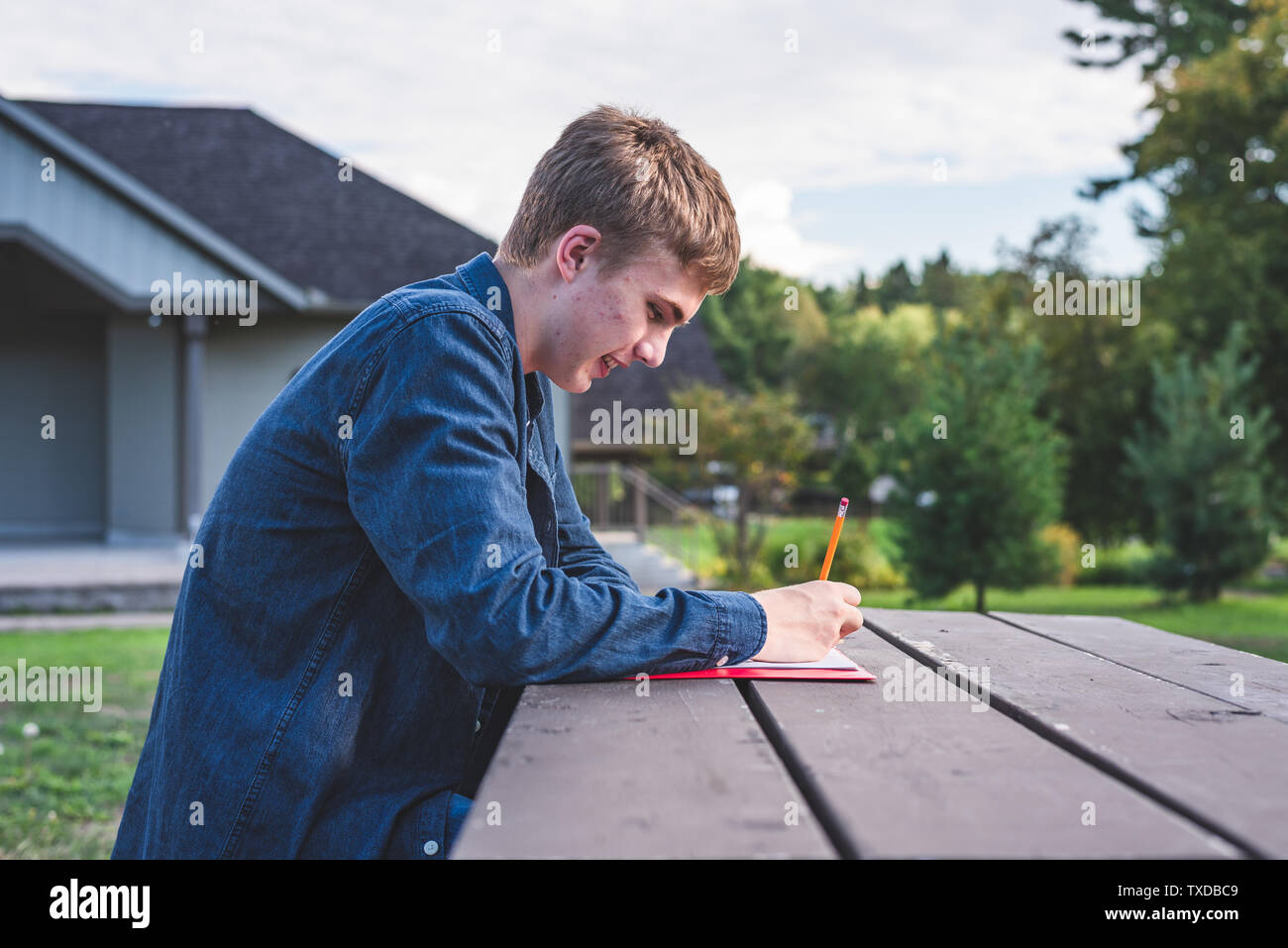 Teen boy writing outdoors hi-res stock photography and images - Alamy