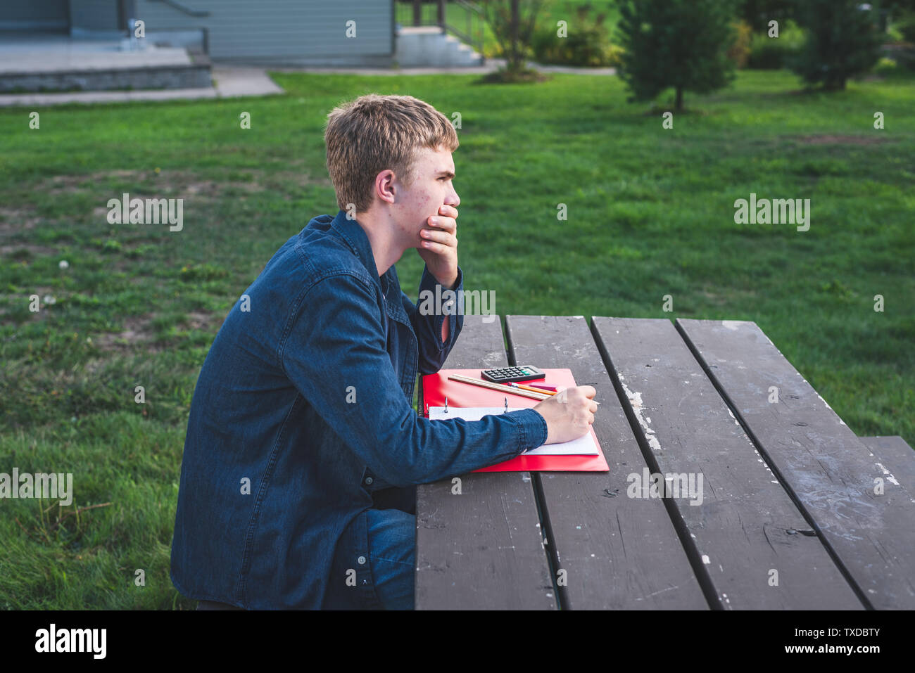 Confused teenager doing his homework alone in a park Stock Photo - Alamy