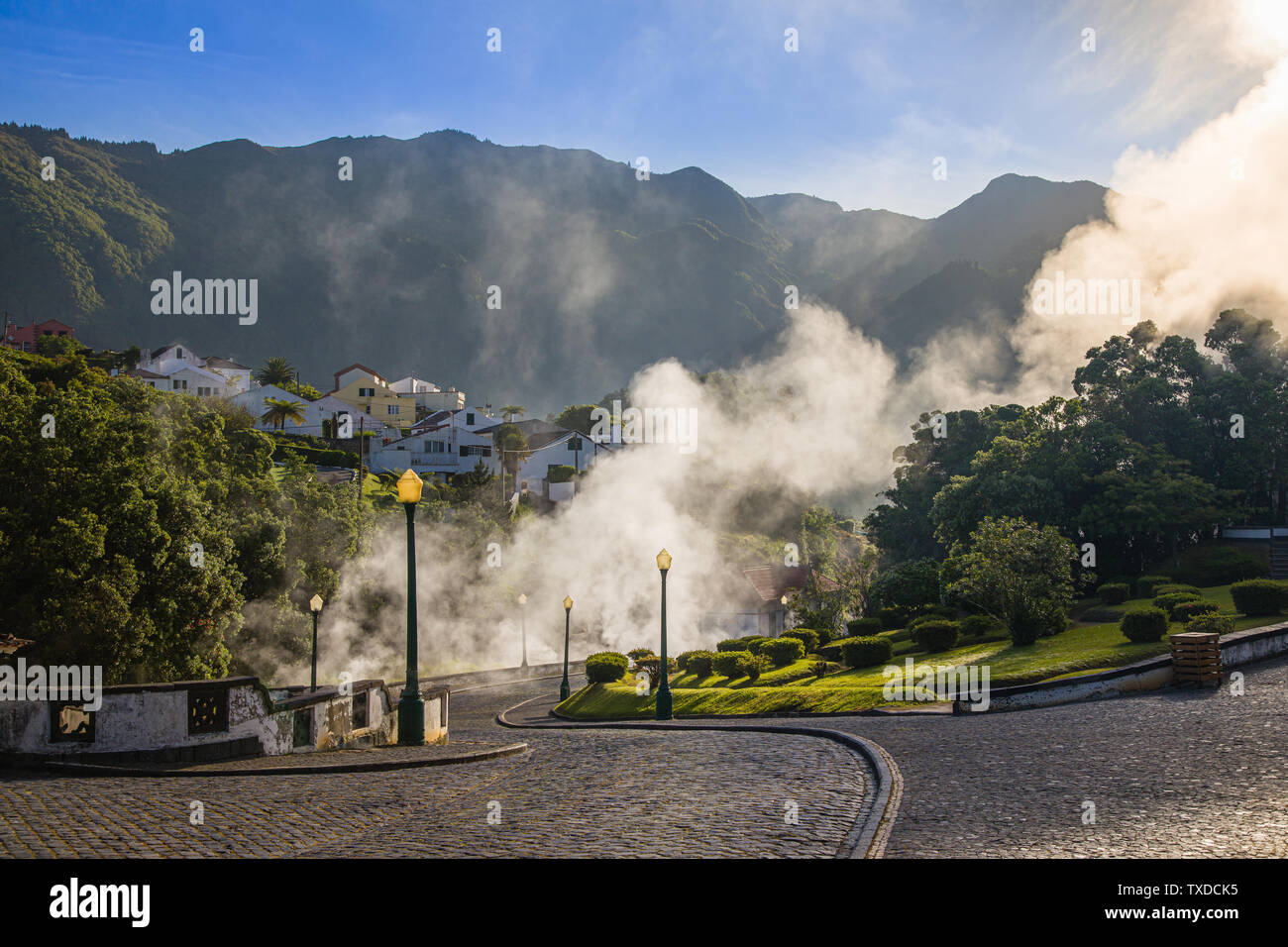 Volcanic eruption of hot steam in the town Furnas, Sao Miguel island ...