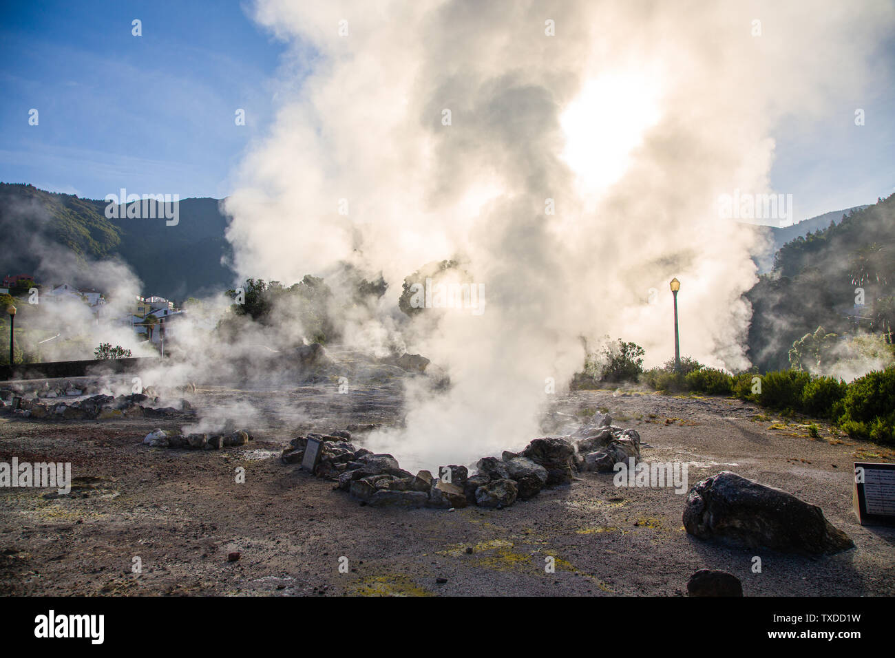 Volcanic eruption of hot steam in the town Furnas, Sao Miguel island ...