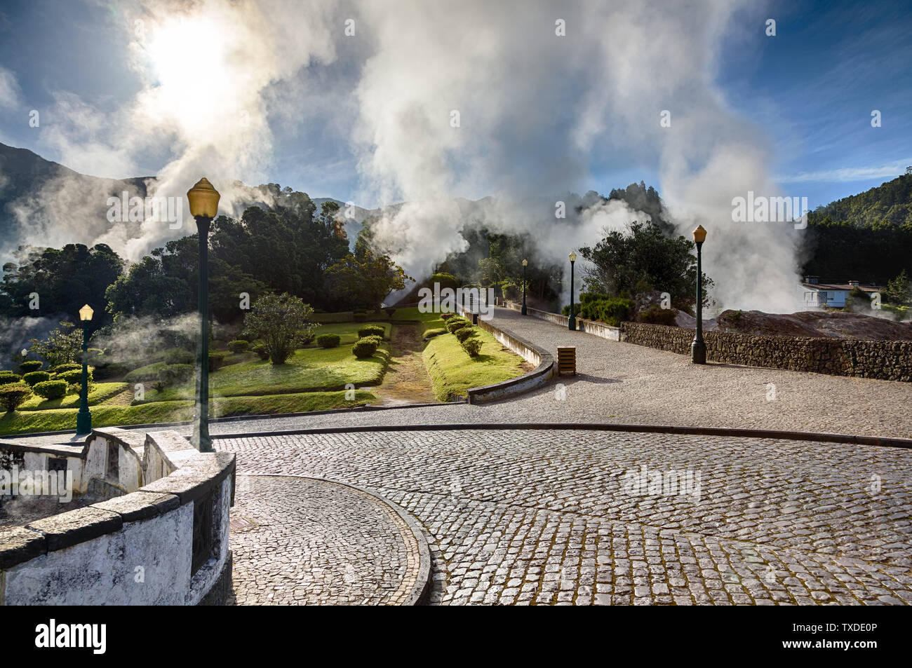 Volcanic eruption of hot steam in the town Furnas, Sao Miguel island ...