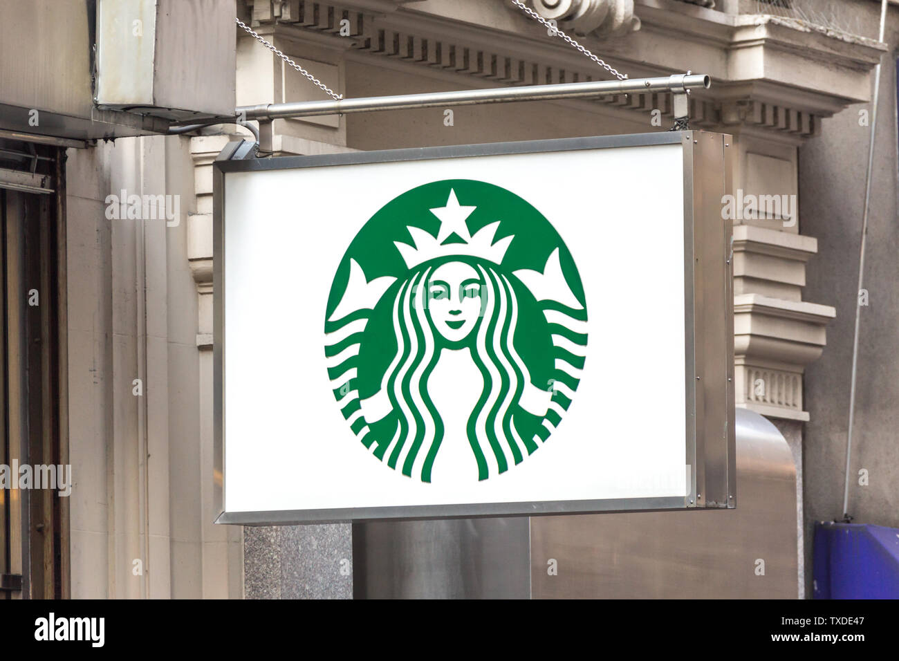 NEW YORK, USA - 16 MAY, 2019: Starbucks sign in a Starbucks restaurant ...