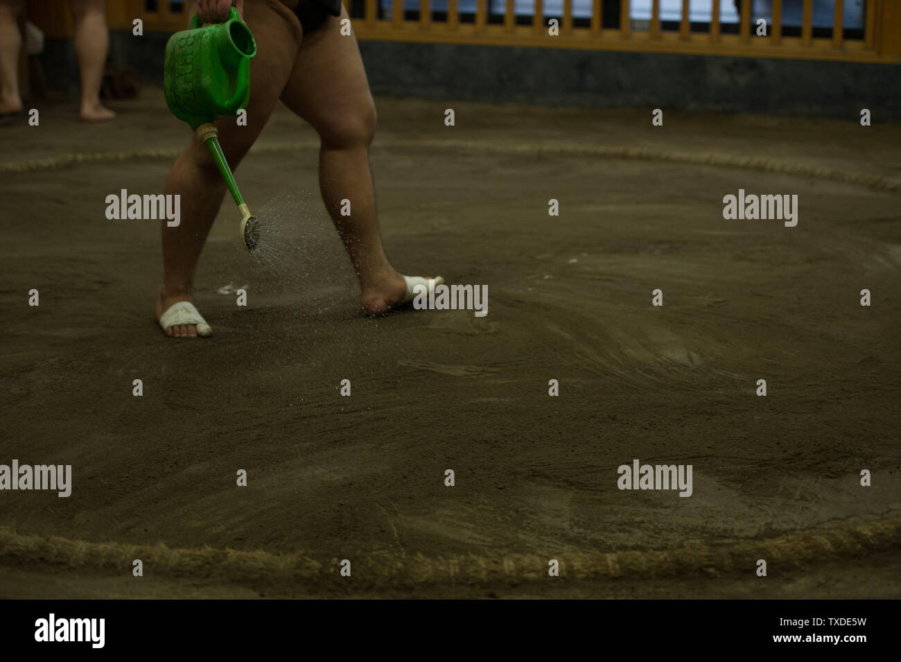 Several athletes of various rank warm up and practice sume wrestling at ...