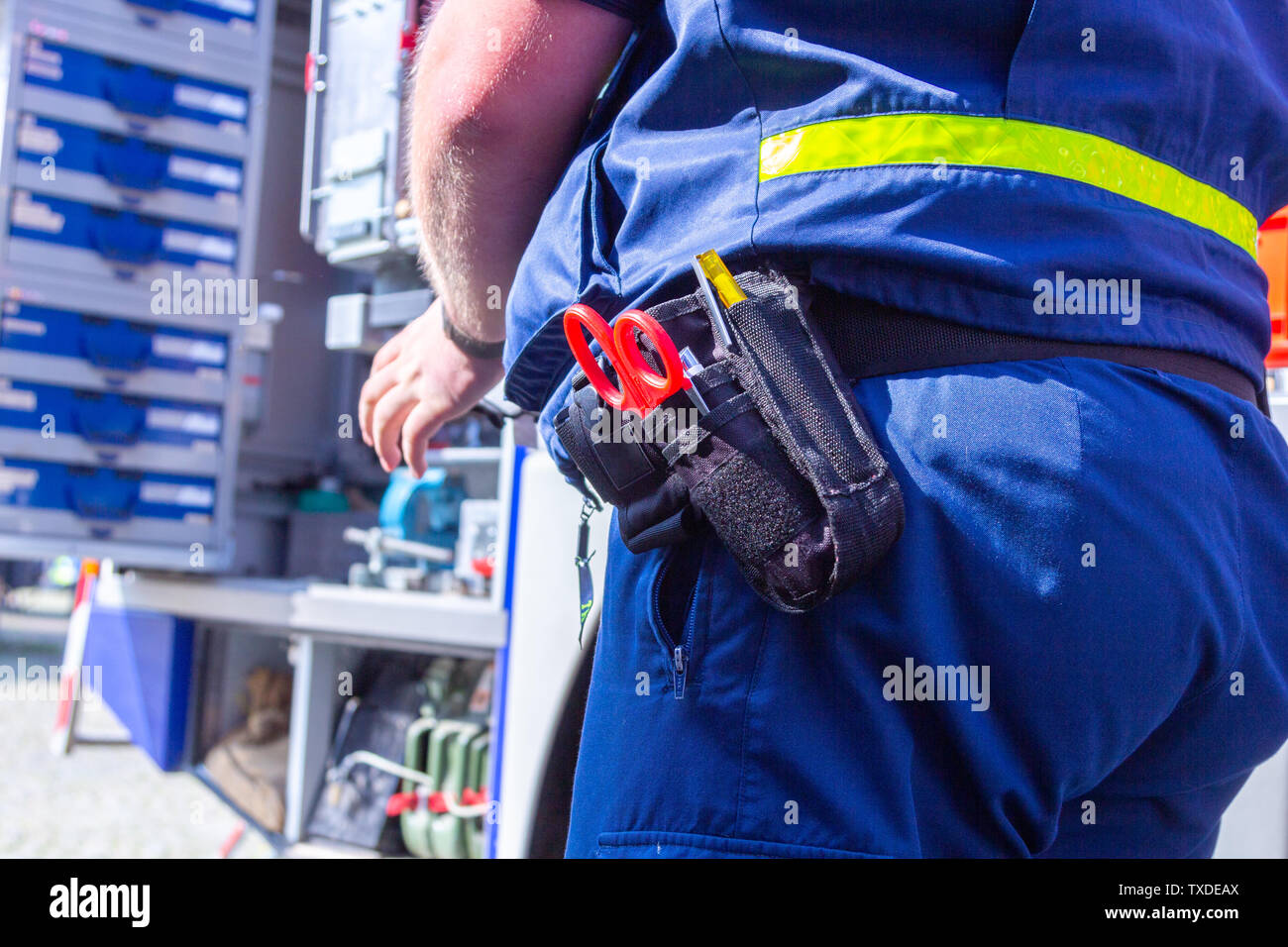 German technical emergency service man on an equipment truck man Stock ...