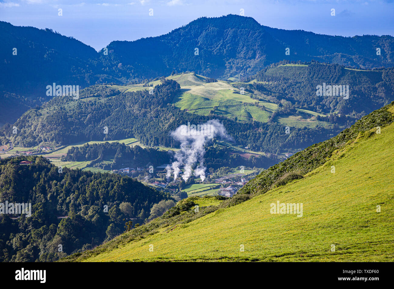 Volcanic eruption of hot steam in the town Furnas, Sao Miguel island ...