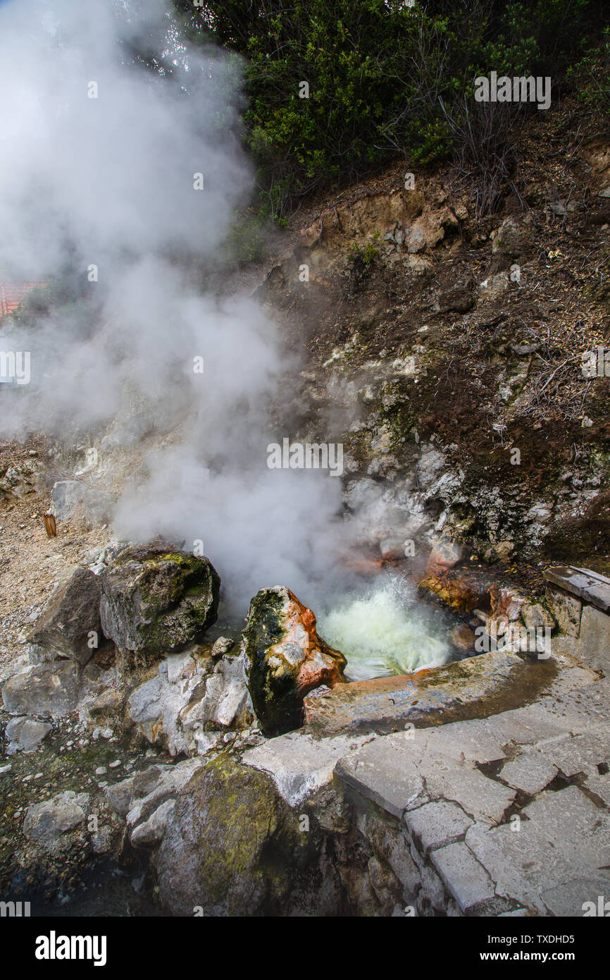 Volcanic eruption of hot steam in the town Furnas, Sao Miguel island ...