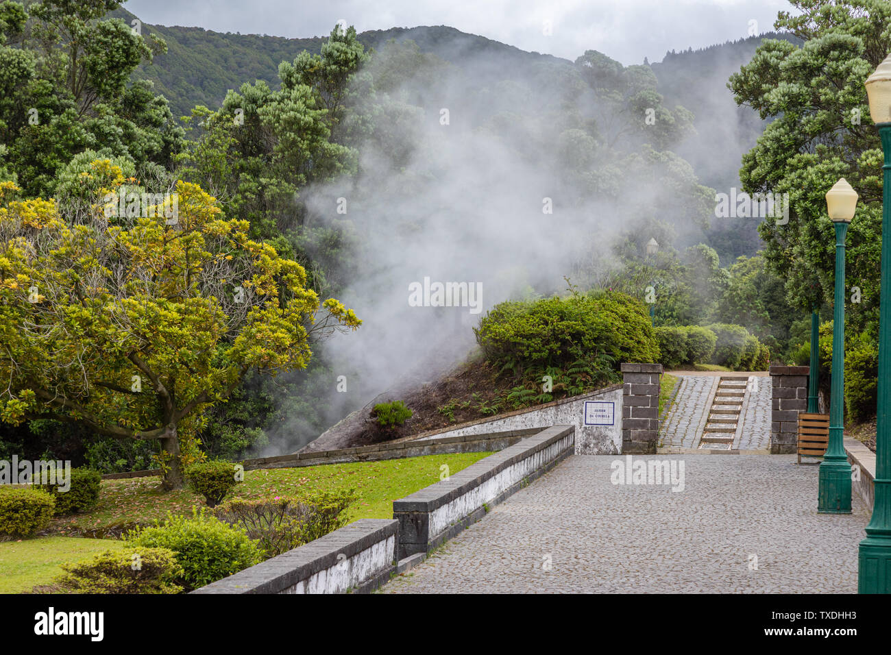Volcanic eruption of hot steam in the town Furnas, Sao Miguel island ...